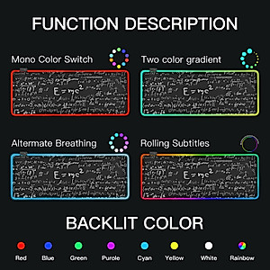 Large RGB Gaming Mouse Pad Blackboard Inscribed Scientific Formulas Calculations Physics Glowing Extended Mousepad 31.5x11.8in, Soft Anti-Slip Rubber Base Luminous Mouse Mat for Pc Laptop, Gaming, of