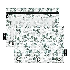 Floral Leaf Pencil Pouch for 3 Ring Binder 2 Pack Binder Pouches with Clear Window Binder Pencil Bag Case with Zipper for Office Supplies