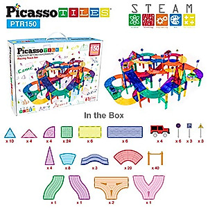 PicassoTiles 150 Piece Race Car Track Building Block Educational Toy Set Magnet Tile Magnetic Blocks Playset 4 Cars Early STEM Learning Construction Kit Hand-Eye Fine Motor Skill Brain Training PTR150