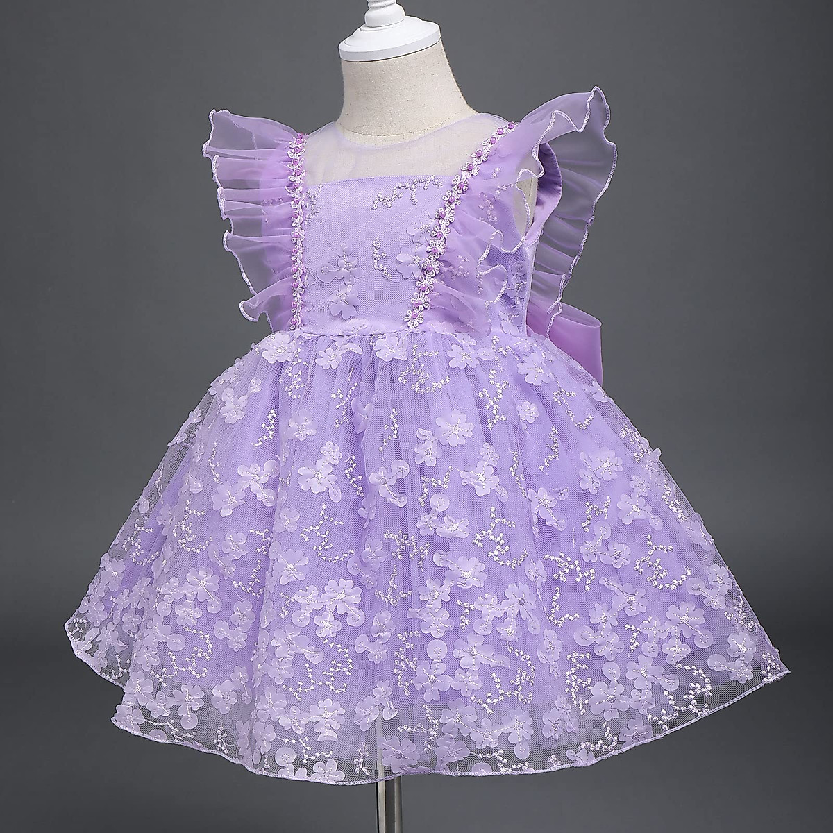Infant Baby Flower Girls Dress Flutter Ruffle Bowknot Tutu Dress Christening Baptism Gown Toddler Little Princess Pageant Wedding First Communion Birthday Party Beaded Tulle Dress Purple 6-12 Months