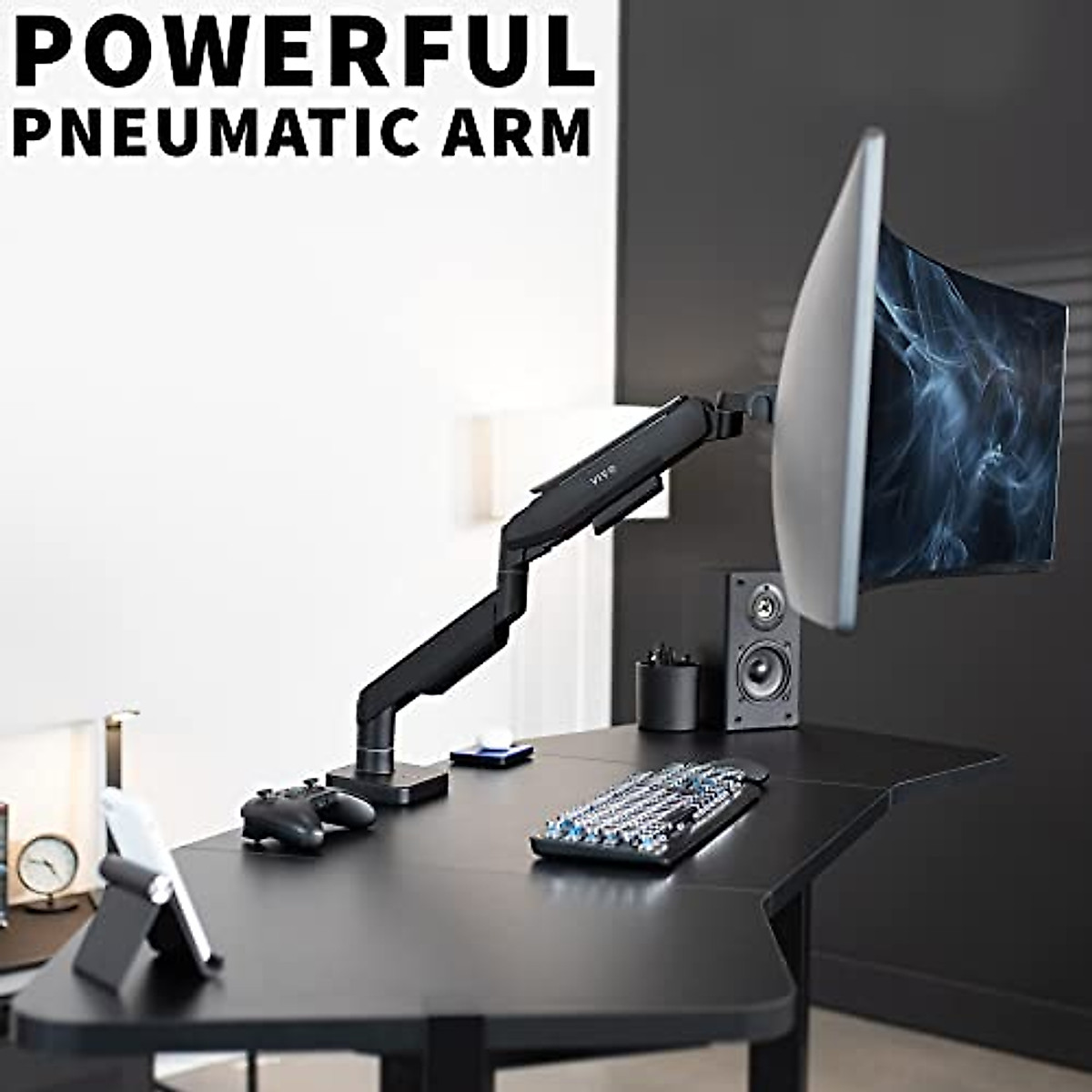 VIVO Premium Aluminum Single Gaming Monitor Arm for Ultrawide Screens up to 49 inches and 44 lbs, Heavy Duty Desk Mount Stand, Pneumatic Height, Max VESA 100x100, Black, STAND-V100D