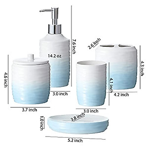 Motifeur Bathroom Accessories Set, 5-Piece Ceramic Bath Accessory Complete Set with Lotion Dispenser/Soap Pump, Cotton Jar, Soap Dish, Tumbler and Toothbrush Holder (Blue and White Gradient)