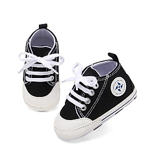 Baby Boys Girls Star High Top Sneaker Soft Anti-Slip Sole Newborn Infant First Walkers Canvas Denim Shoes (13cm, A-Black, 12_Months)