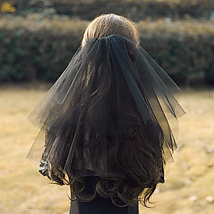 Fangsen Wedding Bridal Veil with Comb 2 Tier Tulle Short Veil (Black)