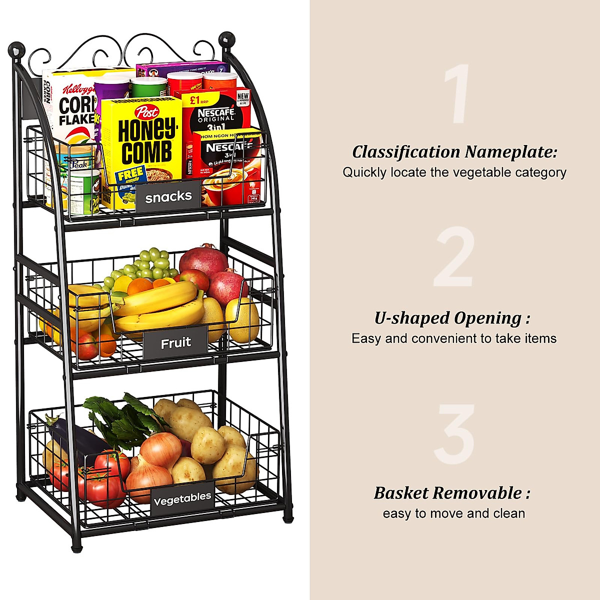 3 Tier Vegetables Storage Basket Stand with Nameplate, Removable Wire Fruit Basket, Kitchen Freestanding Metal Fruit Storage Cart with Anti-scratch Adjustable Feet, for Fruit Vegetable Onion Potato