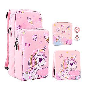 RHOTALL Portable Travel Carrying Case Compatible with Nintendo Switch/Oled/Lite, Large Capacity Shoulder Bag with 12 Slots Game Case, Thumb Grip Caps (Unicorn)