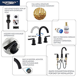 Roffenny 8 inch Widespread Bathroom Faucets, 2-Handle Matte Black Bathroom Sink Faucets for Sink 3 Holes, 360 Degree Swivel High-Arc Spout, 8 in Spread Bath Vanity Sink Faucet, with Pop Up Drain