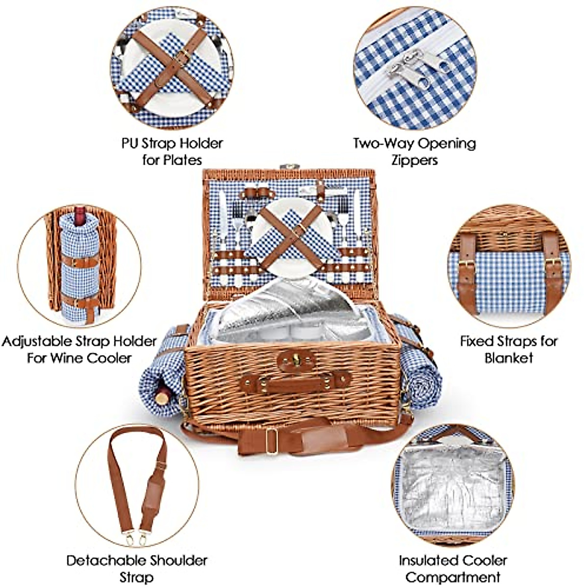 Picnic Baskets for 2, Picnic Basket with Waterproof Blanket, Picnic Basket Set with Washable Beach Mat & Large Insulated Cooler Compartment, Handmade Natural Wicker Hamper for Camping, Outdoor Party