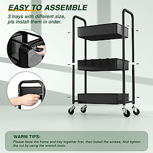 LEHOM 3 Tier Rolling Utility Cart, Metal Trolley Cart with Wheels, Hooks, Easy Assembly Organizer Storage Cart for Bathroom, Kitchen, Office, Bedroom(Black)