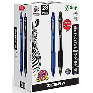 ‎Zebra Pen Zebra Pens Z Grip - 28 Pack Ink Pens, Retractable Ballpoint Z-grip Fine Point 0.7 mm 14 Black & Blue Writing for School College Office Home Use., 28 Count (Pack of 1)