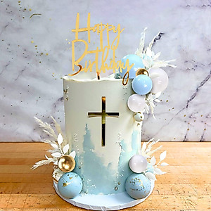 Blue Balls Cake Topper Boho Grass Cake topper Blue White Gold Pearl Balls Happy Birthday Cake Decorations for Wedding Baby Shower Birthday Boho Themed Party Supplies (Blue)