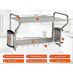 INTBUYING 2 Layer Microwave Oven Wall Mount Shelf Stainless Steel Kitchen Storage Organization with Removable Hooks