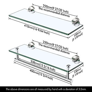 KES 16-Inch Glass Shelves for Bathroom, Bathroom Shelf Tempered Glass 2 Pack Wall Mount SUS 304 Stainless Steel Brushed Finish, A2022S41-2-C1