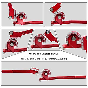 RiYii Tube Bender, 3 In 1 Copper Pipe Bender, 0-180 Degrees Tubing Bender, 1/4" 5/16" 3/8" Refrigeration Line Bending Tools for Copper, Brass, Soft Metal, Aluminum and Thin Stainless Steel Pipes, Red