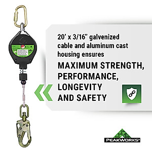 PEAKWORKS Fall Protection Safety Lifeline, Self Retracting (SRL) Cable, 20 ft Vertical and Horizontal Cable, Galvanized Steel Snap Hook Harness for Climbing, Rescue, Hunting, Roofing, V845533020LE