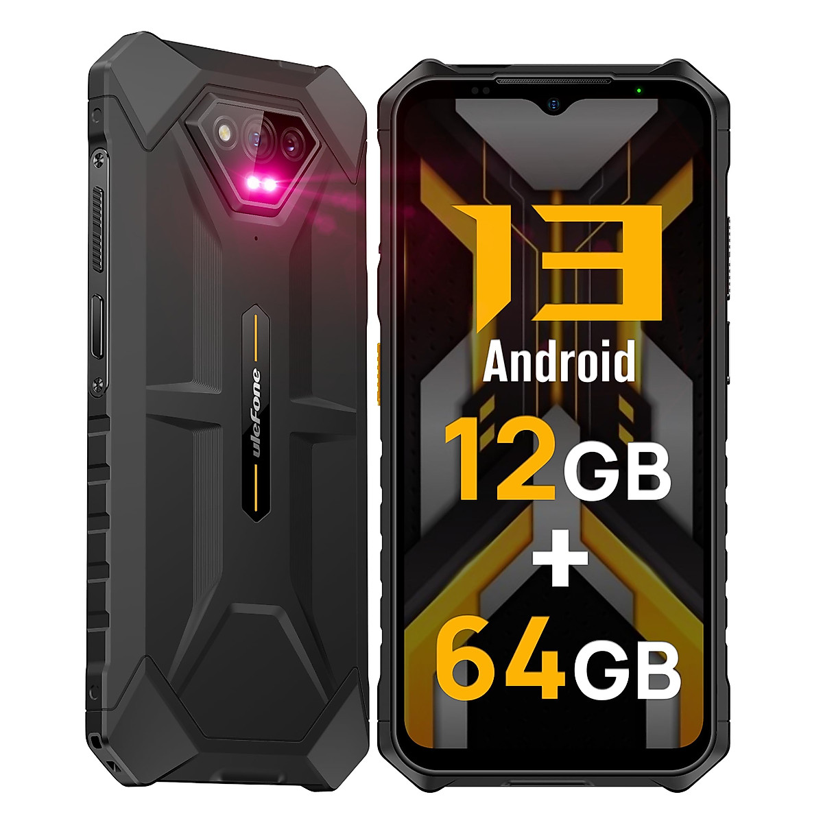 Ulefone Armor X13 Rugged Phones 2023, 50MP Rear Camera, 24MP Night Vision Camera, Up to 12GB RAM, 64GB ROM, 6320mAh, Android 13, IP68/IP69K Unlocked Smartphone, 4G LTE Cell Phone (Black)