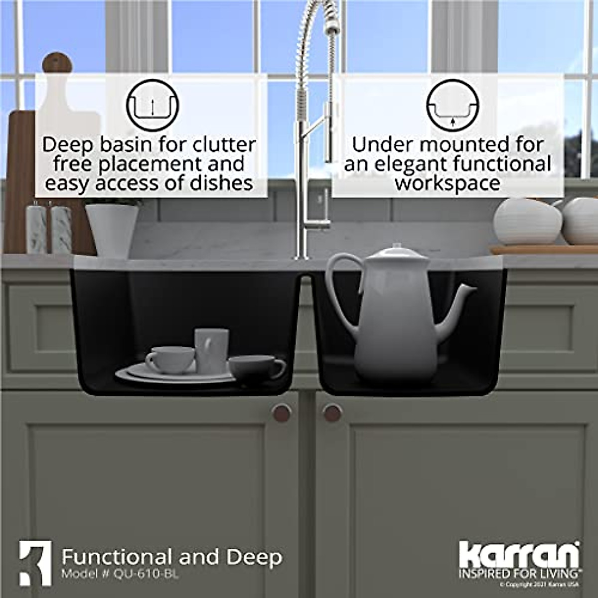 Karran QU-610 Undermount Quartz Composite 32 in. 60/40 Double Bowl Kitchen Sink in Black