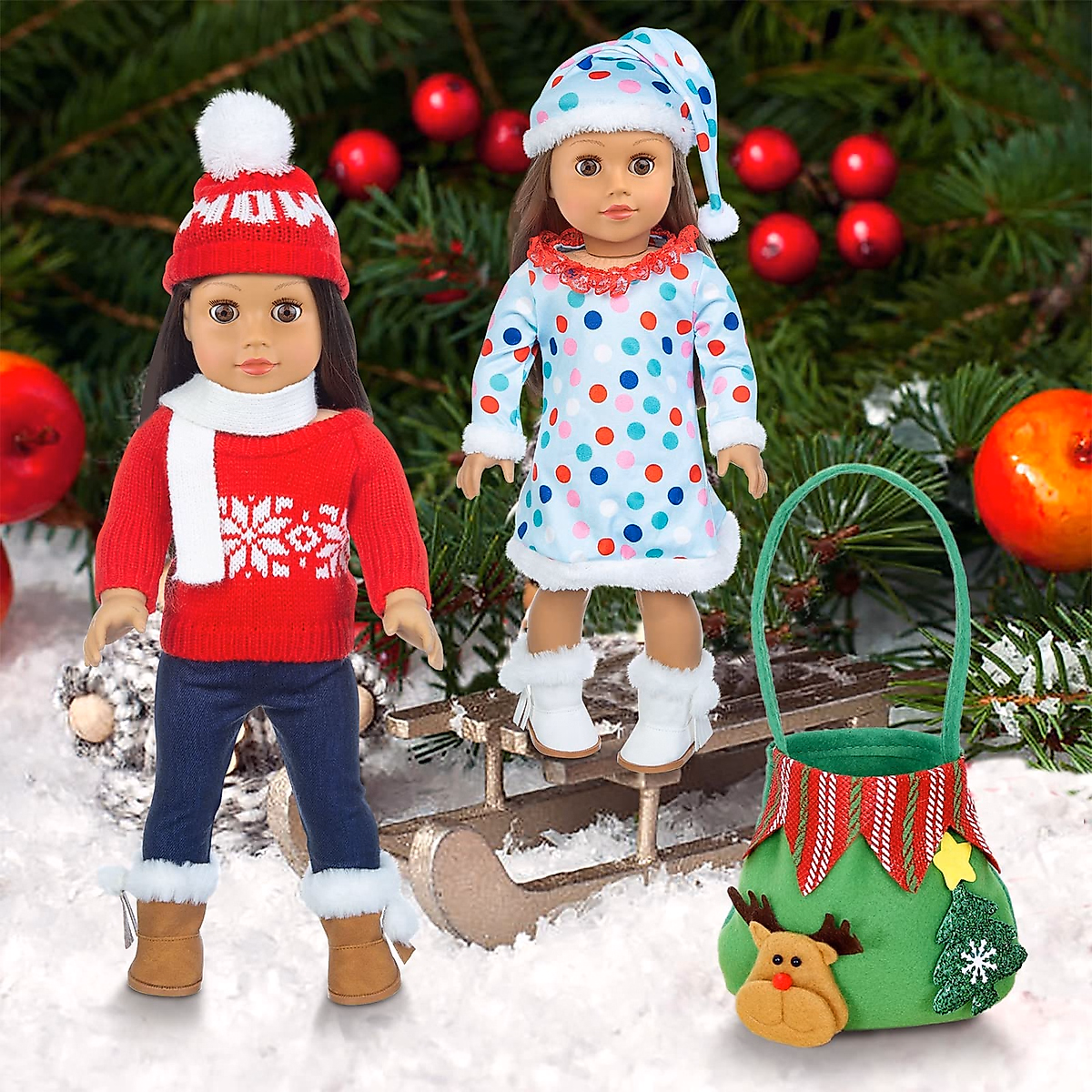 ZITA ELEMENT 2 Sets 18 Inch Girl Doll Christmas Clothes Outfits with Shoes and Christmas Accessories - 18 Inch Christmas Doll Clothes Dress Boots Hat Scarf Hairclips Bag