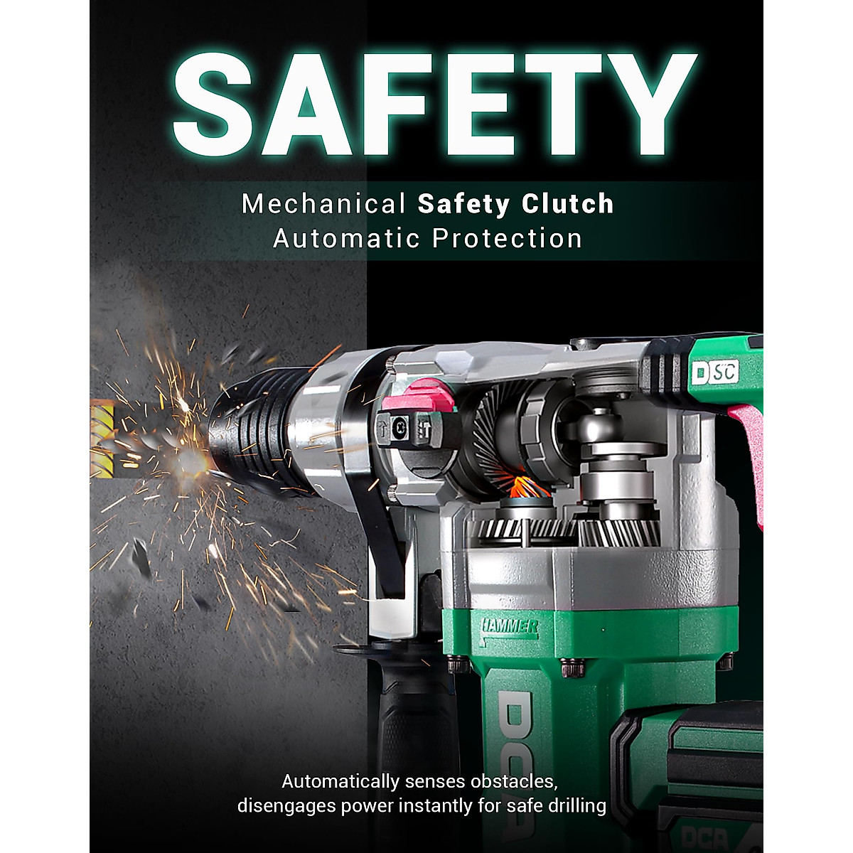 DCA 20V MAX Brushless Rotary Hammer Drill, 4.5 Joule, 3800BPM, 1-1/8 Inch SDS-Plus, Cordless Heavy Duty Rotary Hammer Drill, 5.0Ah Battery, 4A Fast Charger, Safety Clutch, 4 Drill Bits and 2 Chisels