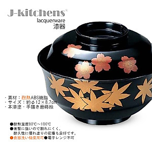 J-kitchens Miso Soup Bowl, 4-Inch Tenryuji Bowl, Black Spring and Autumn, Made in Japan