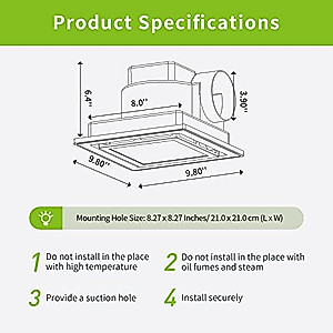 Bathroom Fan with Light Ceiling Mount Shower Ventilation Exhaust Fan with Color Change Light 3000K/4000K/6000K Vent Fan and Light Combo for Bathroom and Home 1.0 Sone 110 CFM 110V 4" Duct Square White