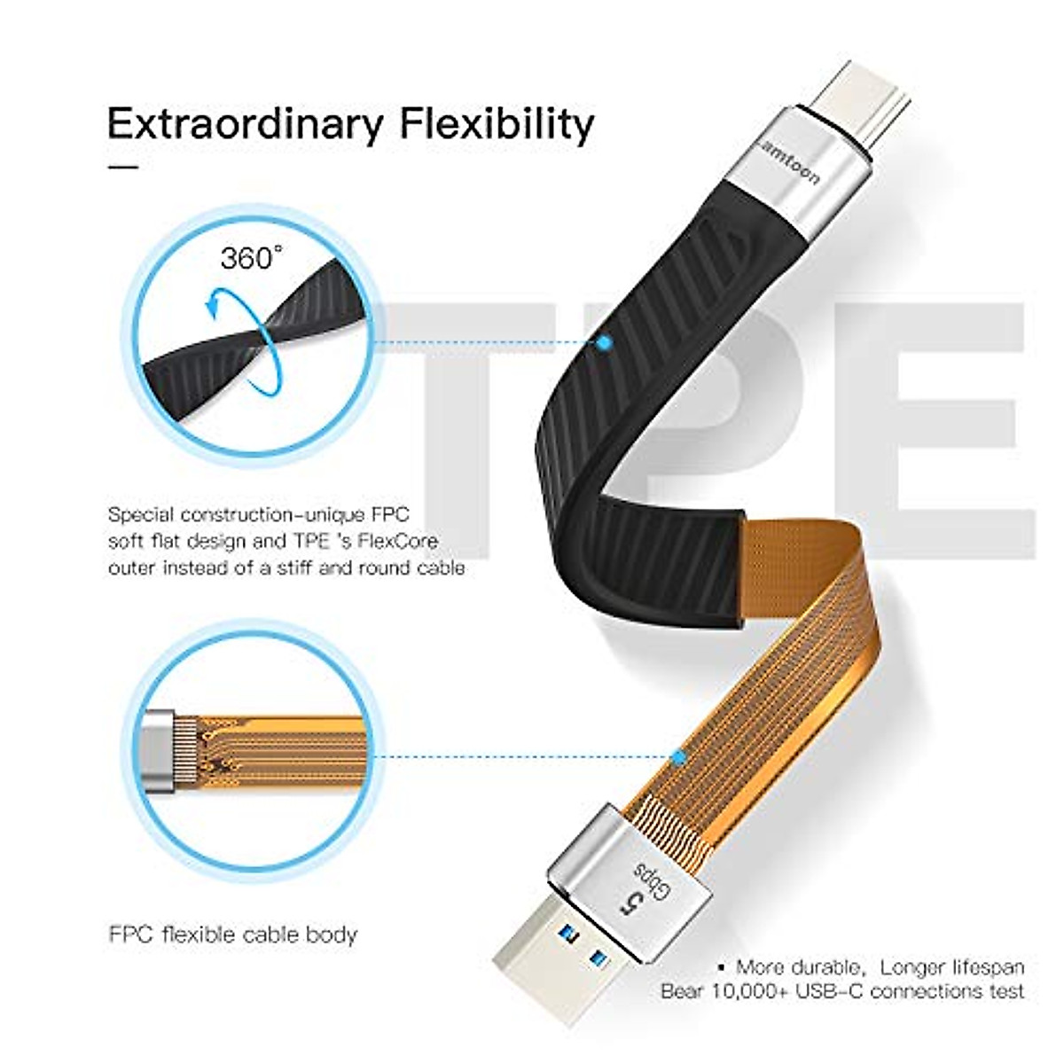 LamToon Short USB Type C Cable, 5Gbps Data Sync Android Auto Cable 3A USB to USB C 3.1 Fast/Quick Charge Cable Unique FPC Flat Design for Galaxy S10+ S9, Note 9 8, LG V20, Google Pixel, Power Bank