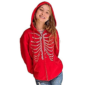 BSUNSOMEM Halloween Skeleton Print Oversized Zip Up Hoodie Sweatshirt for Women Teen Girls Y2k Gothic Harajuku Pullover(Red 3,Small)