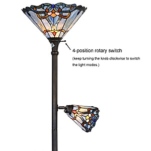 Bieye L10686 Baroque Tiffany Style Stained Glass Torchiere Floor Lamp with Sidelight for Reading Home Decor, 71-inch Tall