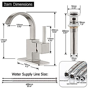 Brushed Nickel Single Hole Bathroom Faucet, Waterfall Single Handle RV Bathroom Faucet Fit for 1 or 3 Hole, with Deck Plate, Swivel 360 Degree Spout, Pop Up Drain and Water Supply Line, SGF05-BN