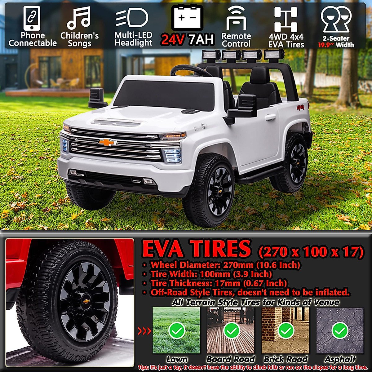 sopbost 4WD 24V 2 Seater Kids Ride On Truck with Remote Licensed Chevrolet Silverado Electric Toy Car with EVA Tires Wheels, High/Low Speed, Music Play (White)