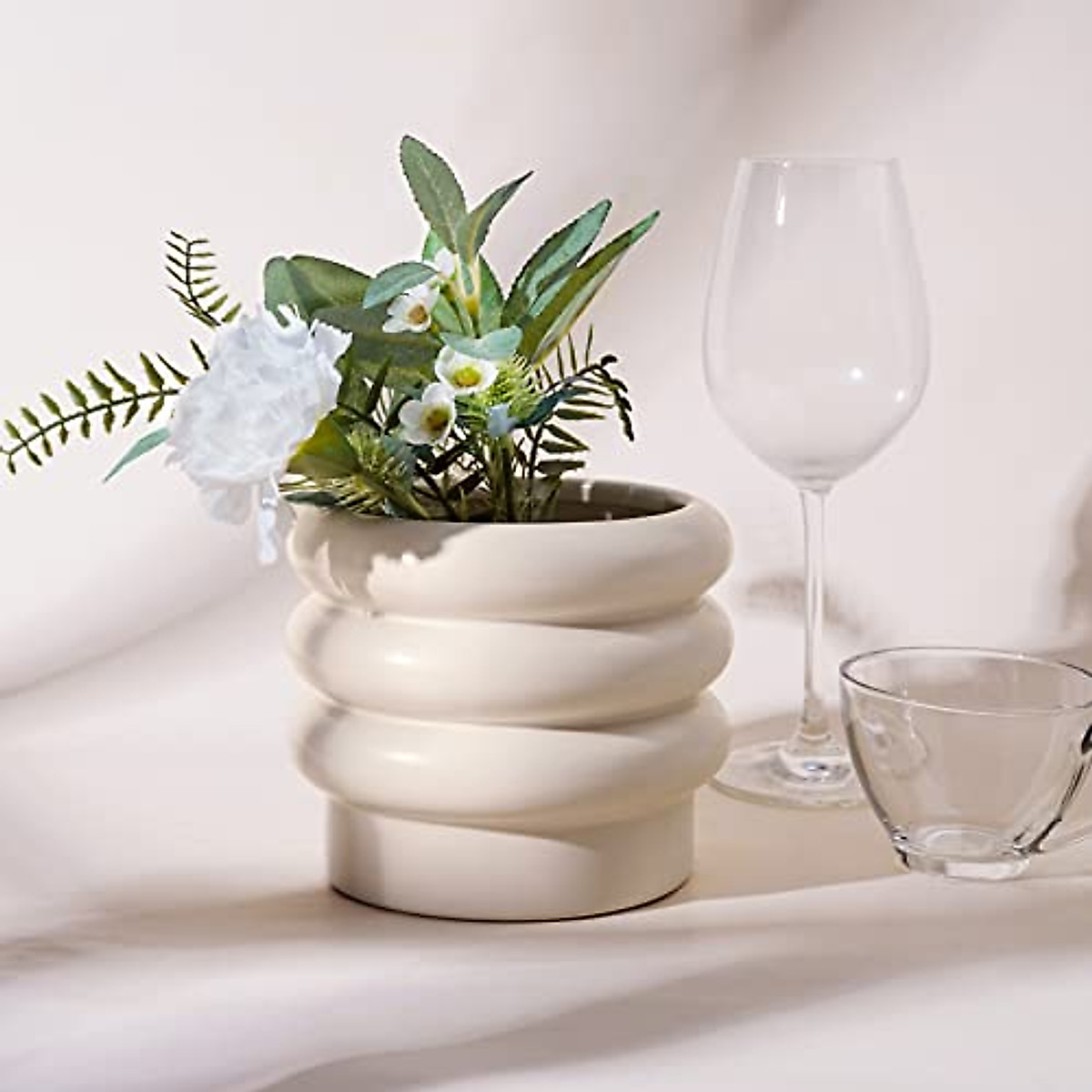 JOFAMY Tiered Bubble Ceramic Plant Pot, Creamy White 6 Inch Ceramic Planter with Drainage Holes, Ceramic Flower Pot with Mesh Pad, Rubber Plugs, Ceramic Pots for Indoor Plants Outdoor, Modern Décor