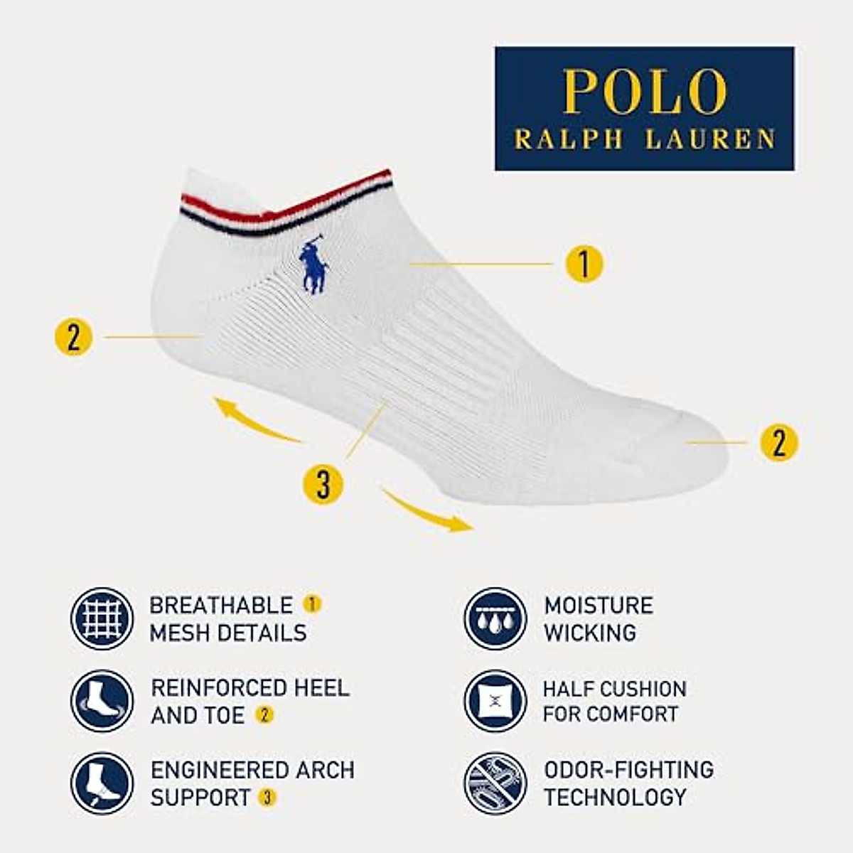 POLO RALPH LAUREN Mens Classic Sport Repreve Socks 6 Pair Pack - Arch Support and Comfort Cushioning Solid Bright Low Cut, Multi-colored, 6-12.5 US