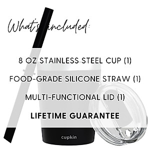 CUPKIN Stackable Stainless Steel Kids Cup Smoothie Tumbler, Powder Coated Insulated Tumblers, BPA Free Lid and Silicone Straw 8 Fl Oz (Pack of 1), Black