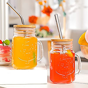 16 oz Jar Glass Mugs Cups with Handle Bamboo Lids Straws and Brush Set 3 Regular Mouth Jar Cups Juices Drinking Glasses Bottles 3 Bamboo Lids 3 Straws 1 Cleaning Brush Reusable Set Gift