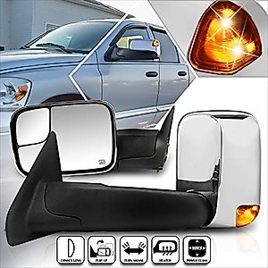 [Pair] Chrome Power Heated Side View Towing Mirrors w/Amber LED Signal Compatible with 02-09 Dodge Ram 1500-3500