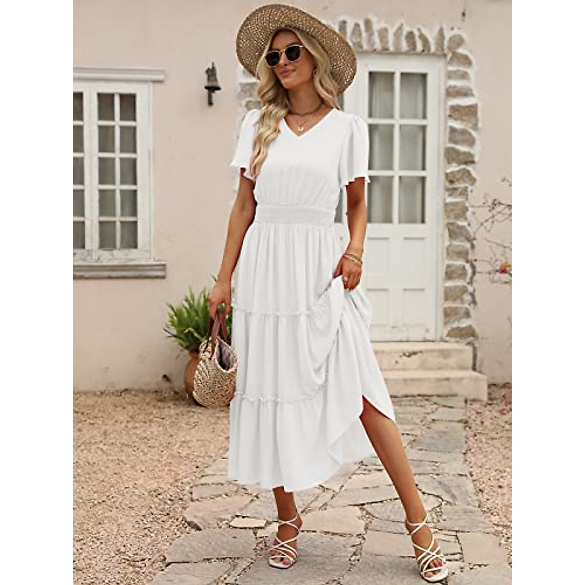 LILLUSORY Womens Modest Graduation Smocked V Neck Flowy Tiered A Line Midi Dresses 2023 Summer Short Flutter Sleeves Empire Waist Derby Long Maxi Dress White