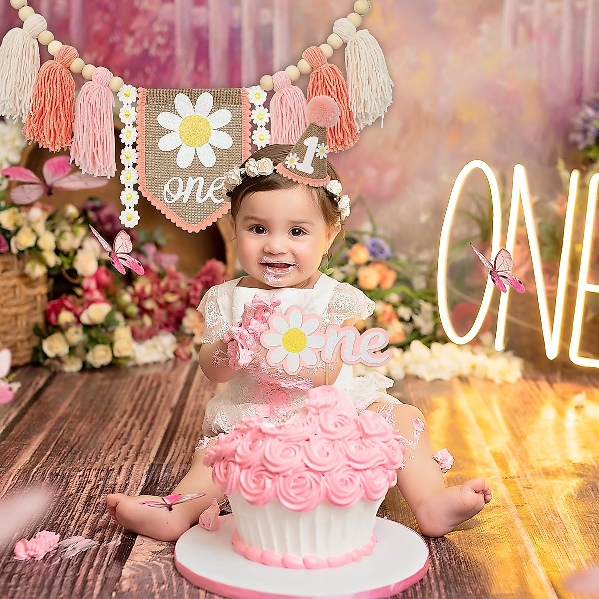 Handmade Boho 1st Birthday High Chair Banner Boho 1st Birthday Hat Decorations Party For Girl Baby Shower Wall Hangings Decorative For Kids Bedroom Daisy Birthday Hat