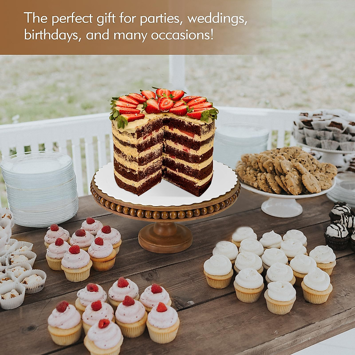 Ameuphercy Round Wooden Cake Stand with Disposable Cake Board, 9.9 in Diameter, 5 in Height, Brown