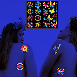 Glow in The Dark Temporary Tattoos 20 Sheets UV Neon Blacklight Tattoos, Body Face Paint Fake Glow Party Supplies Tattoos Stickers for Aldult Women Men Teen Girl