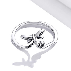 Dragonfly Wrap Finger Rings Sterling Silver 925 Adjustable Vintage Retro Cute Insect with Heart Open Statement Ring Engagement Wedding Eterntiy Ring Fashion Jewelry Gifts for Women Christmas Day
