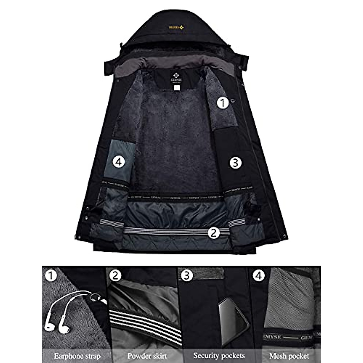 GEMYSE Men's Mountain Waterproof Ski Snow Jacket Winter Windproof Rain Jacket (Black,X-Large)