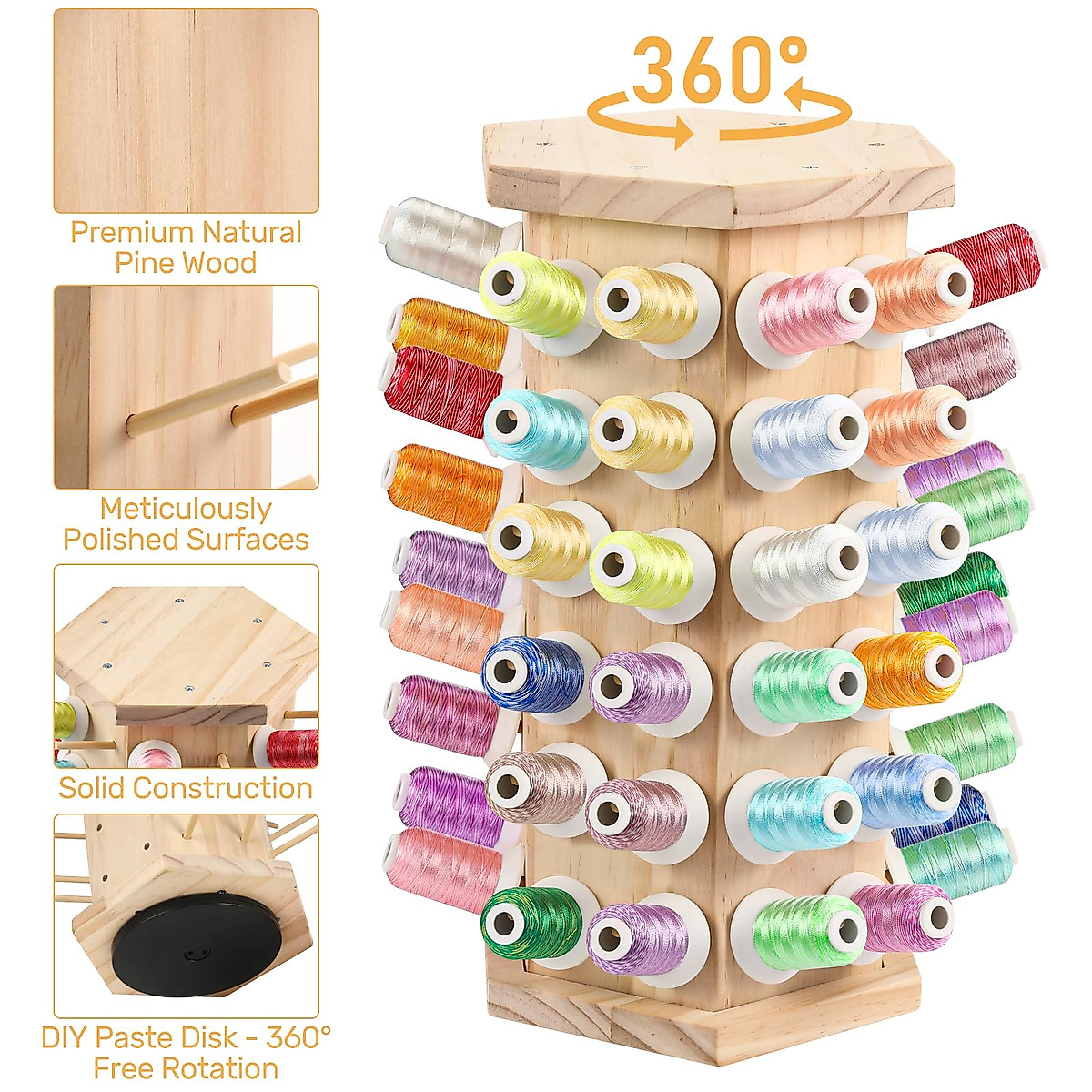 Hexagon Wooden Thread Holder Stand, 72-Spools Embroidery Thread Organizer, Smooth Wood Thread Racks for Spools of Thread and Bobbins - Quilting and Sewing Thread Storage(360° Rotating)