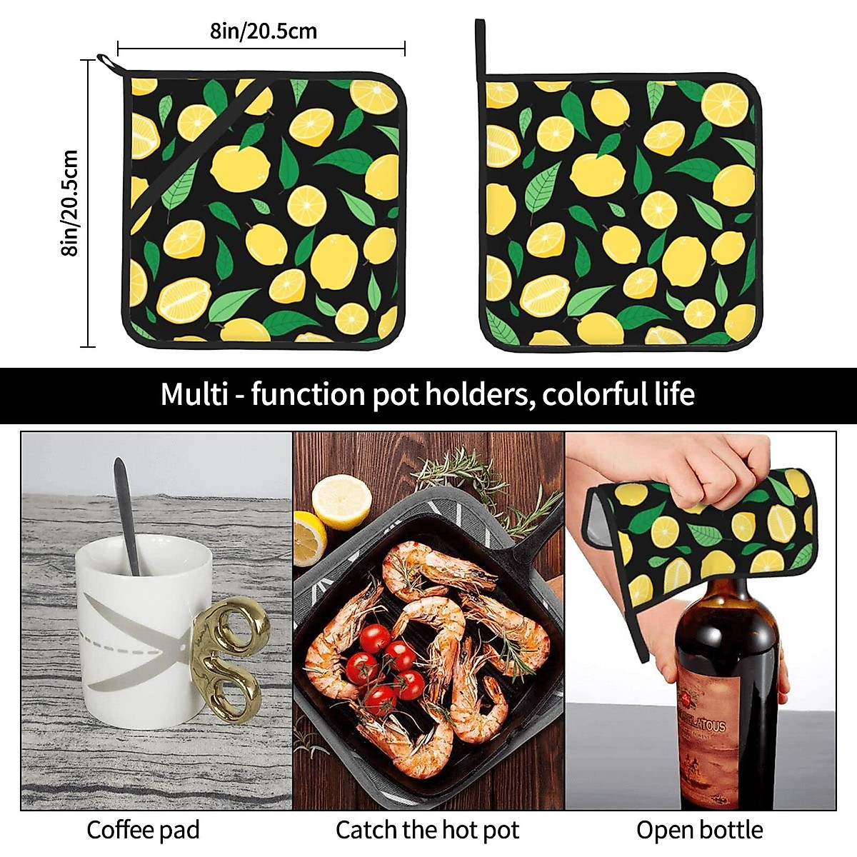 Square Insulated Pot Holder Sets of 2,Lemon Fruit Printed Pot Holders for BBQ Cooking Baking