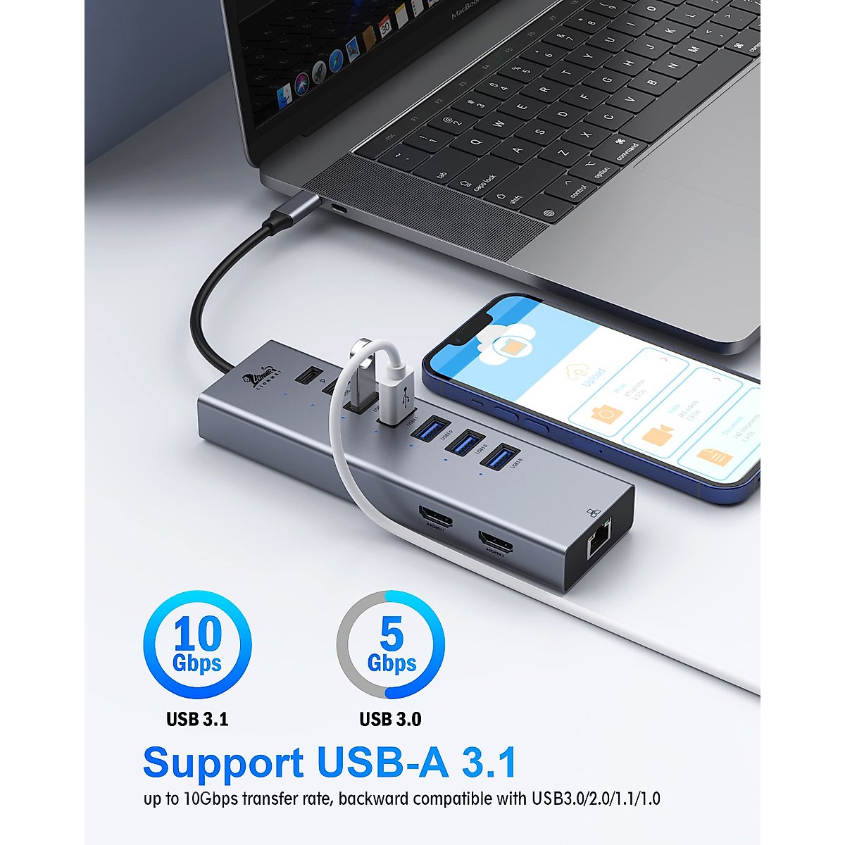 8K Dual HDMI USB C Hub 10Gbps Laptop Docking Station USB C to Dual 4K Monitor for Dell/HP/Lenovo, 10-in-1 USB C Adapter Dongle with Gigabit Ethernet, 2 USB 3.1, 3 USB 3.0, USB C Data and PD Charging