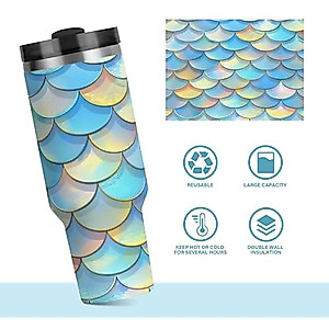FRCSDIY Colored Fish Scales Insulated Tumbler with Handle and Straw Lid,30oz Leakproof Stainless Steel Cup BPA-Free Water Bottle