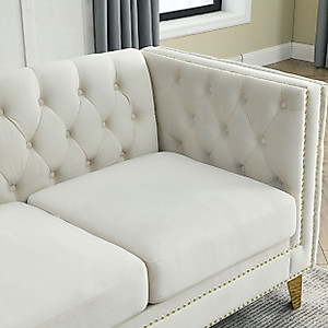 BUIORD Modern 81" 3-Seater Velvet Sofa,Buttons Tufted and Square Arm,Inlaid Gold Nail Heads and 4 Golden Metal Legs for Living Room (Beige, 81" 3-Seater Sofa)