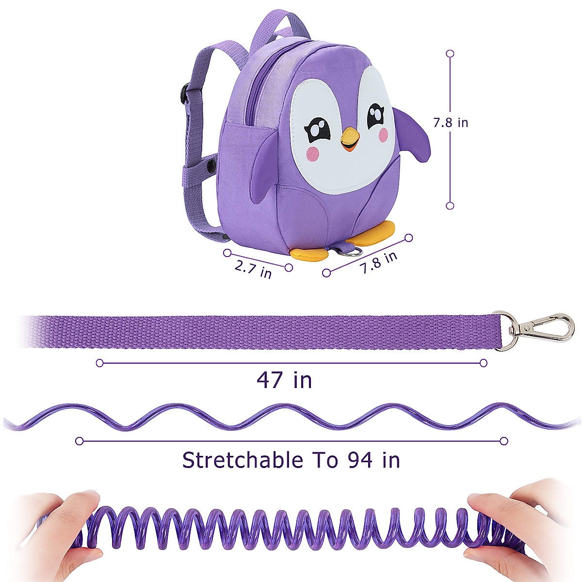 JIANBAO Penguin Toddler Backpacks with Leashes Anti Lost Wrist Link for 1.5 to 3 Years Kids Girls Boys Safety (Penguin, Purple)