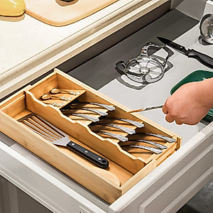 Fasmov Silverware Organizer Storage Tray, Bamboo Compact Utensil Organizer, Cutlery Expandable Organizer for Kitchen Drawer Holding Flatware Spoons Forks