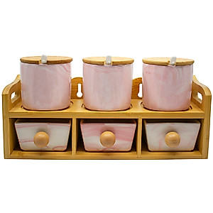 Stephanie Imports Set of 6 Tiered Marble Ceramic Condiment Spice Jars & Drawers With Spoons, Bamboo Lids and Rack (Pink)