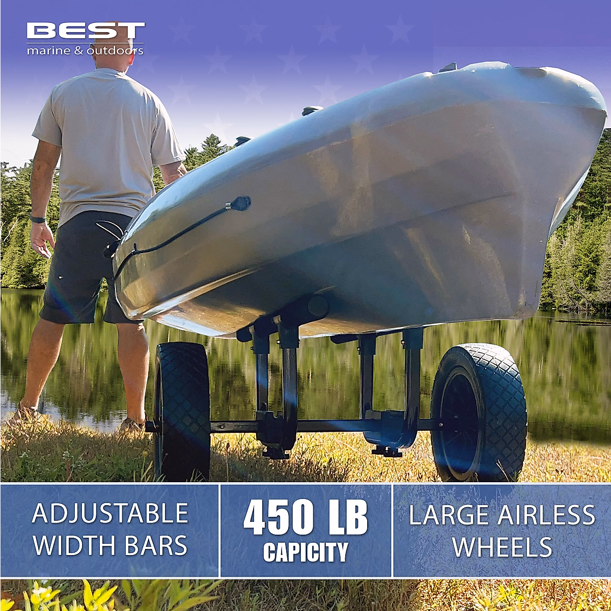 Best Marine and Outdoors Kayak Cart, Heavy Duty Dolly, 450lb Weight Capacity, Flat Free Airless Wheels, Adjustable Width Trolley Carrier, Canoe & Kayak Trailer Accessories